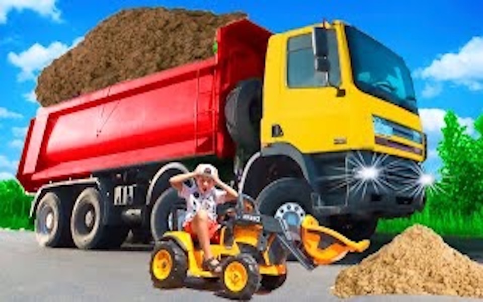 ...拖拉机挖掘机自卸车。儿童视频 关于建筑机械的故事 儿童玩具世界