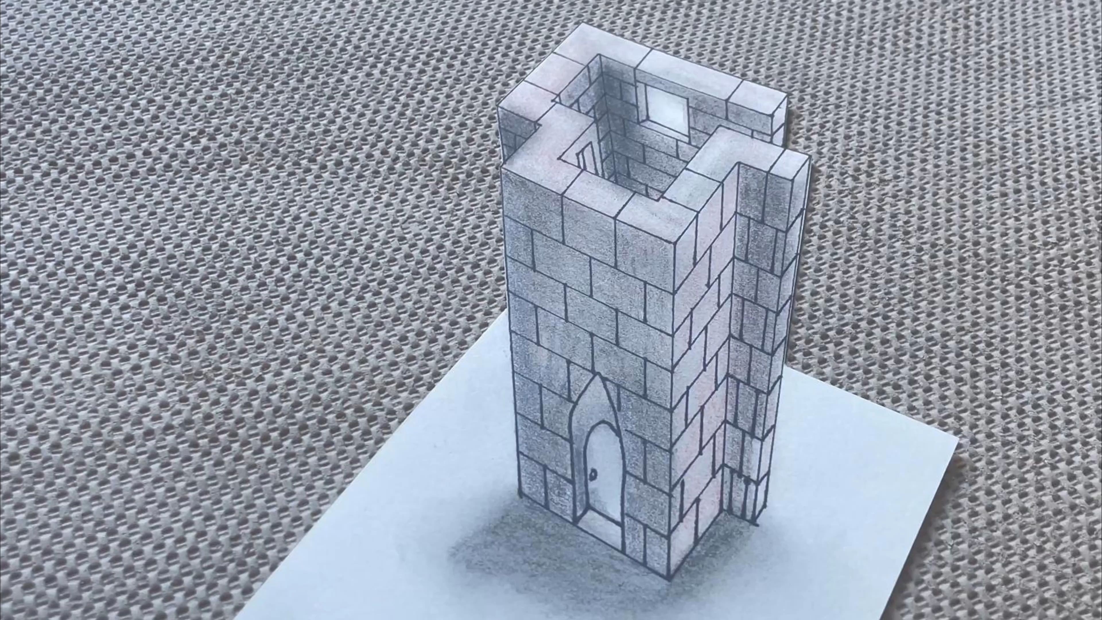 3D立体画塔台建在A4纸上