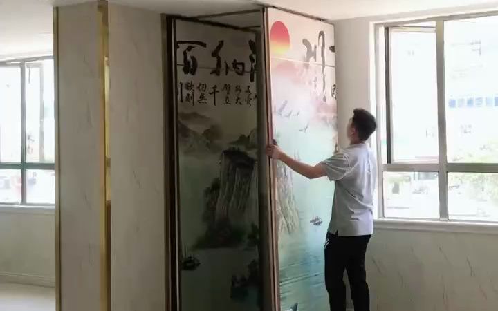山水壁画活动隔断可折叠移动隔断吊趟屏风隔断酒店餐厅隔断门#活动...