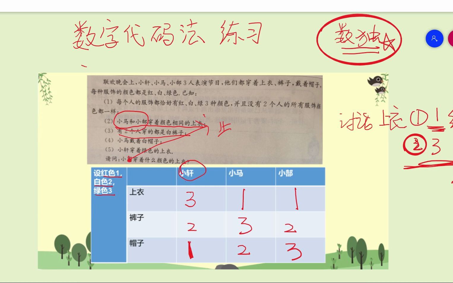 数码法解五年级上《从课本到奥数第三版》逻辑推理题P157