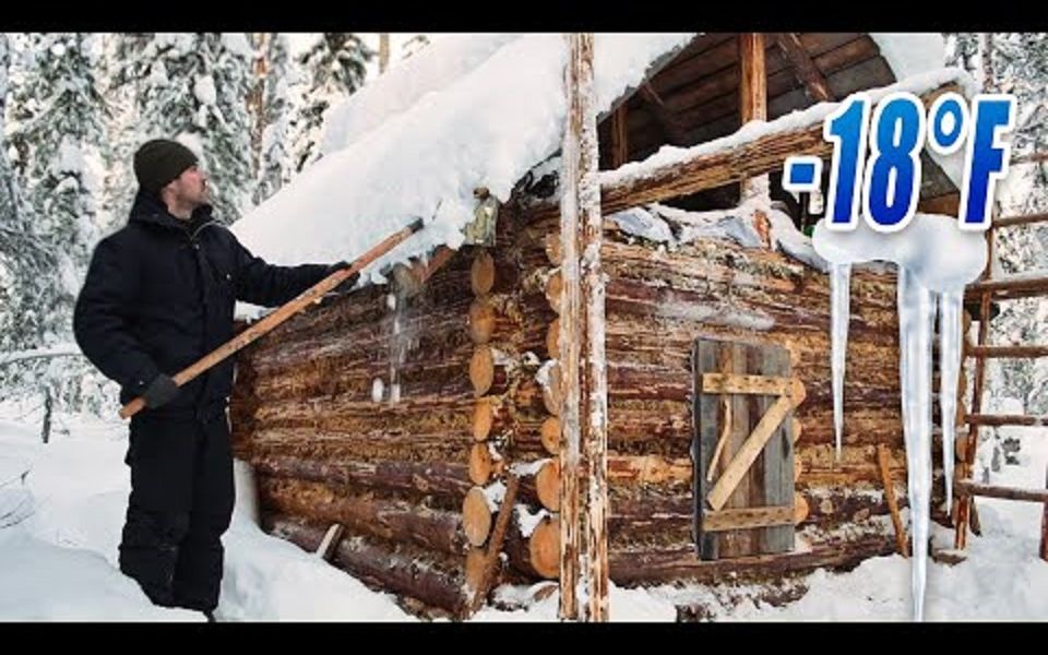 【木工:建造和生活】暴风雪后的木屋:外部-28°C度,木屋内如何?