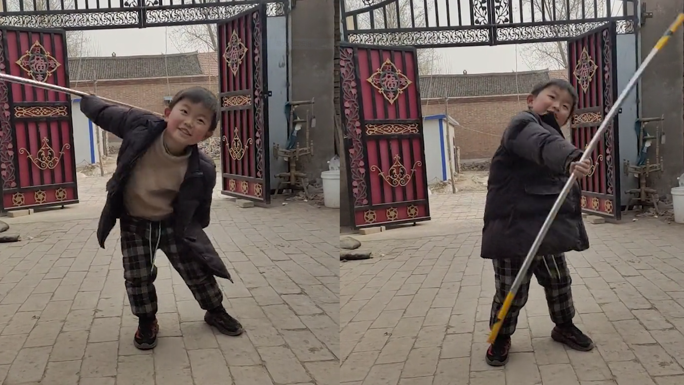 小男孩教学“金箍棒”!速度太快仿佛特效,网友:试了下满头的包