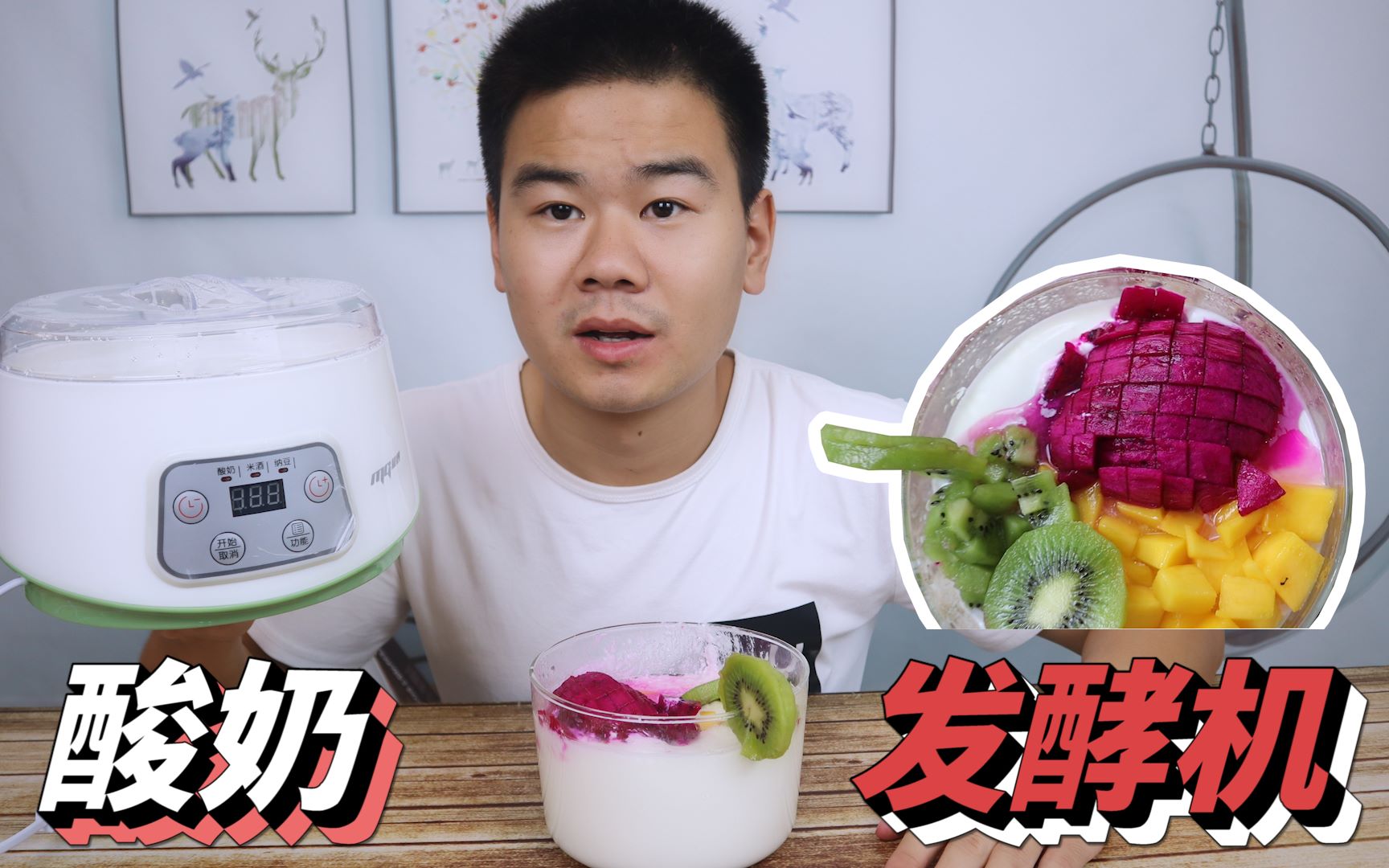 小伙在家用酸奶机制作酸奶水果布丁,好像还可以做纳豆?