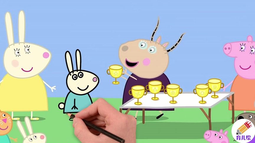 手绘简笔画,小兔瑞贝卡在幼儿园的运动会获得了冠军