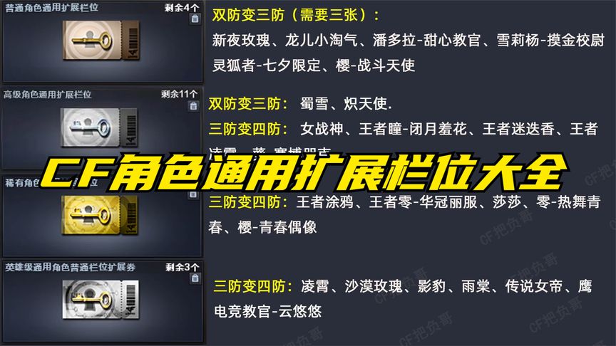普通 高级 稀有英雄级角色通用拓展栏位与角色对号入座CF穿越火线