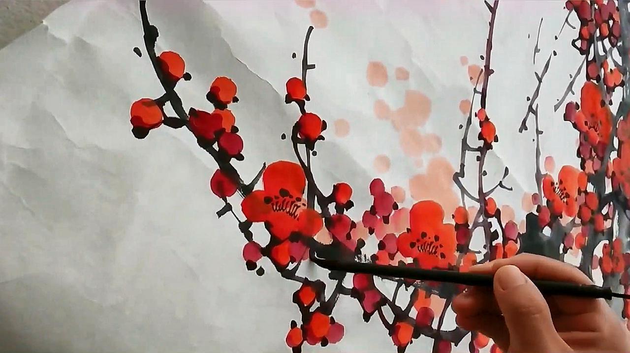 国画:画师教你画梅花,笔法细致简单,易学易懂!