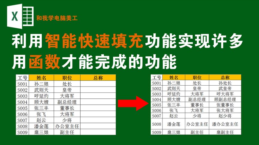 EXCEL中的智能快速填充功能实现由函数才能完成的功能,职场必会