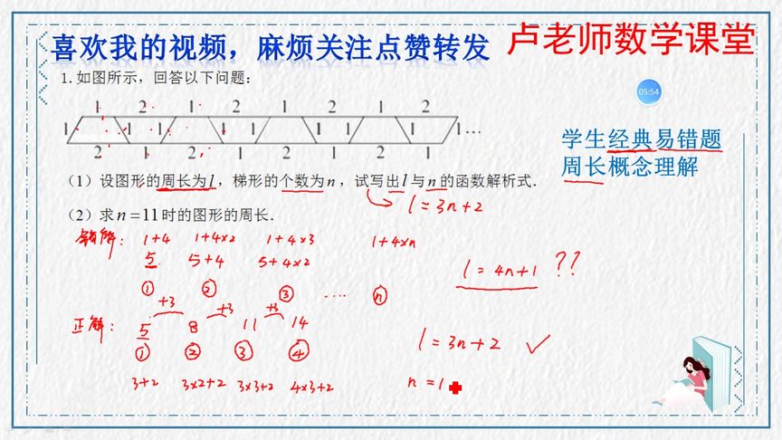 八年级数学:学生说函数关系式为l=4n+1,到底错在哪里?错题分析