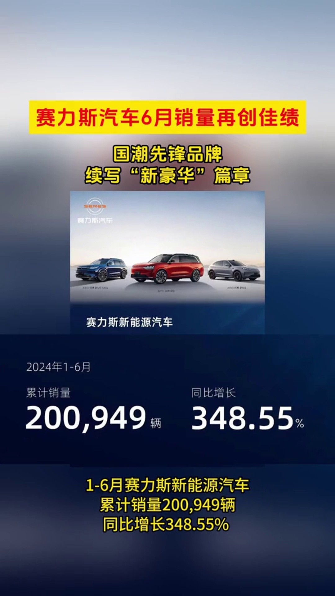 赛力斯汽车6月产销快报出炉,1-6月赛力斯新能源汽车累计销量200949...