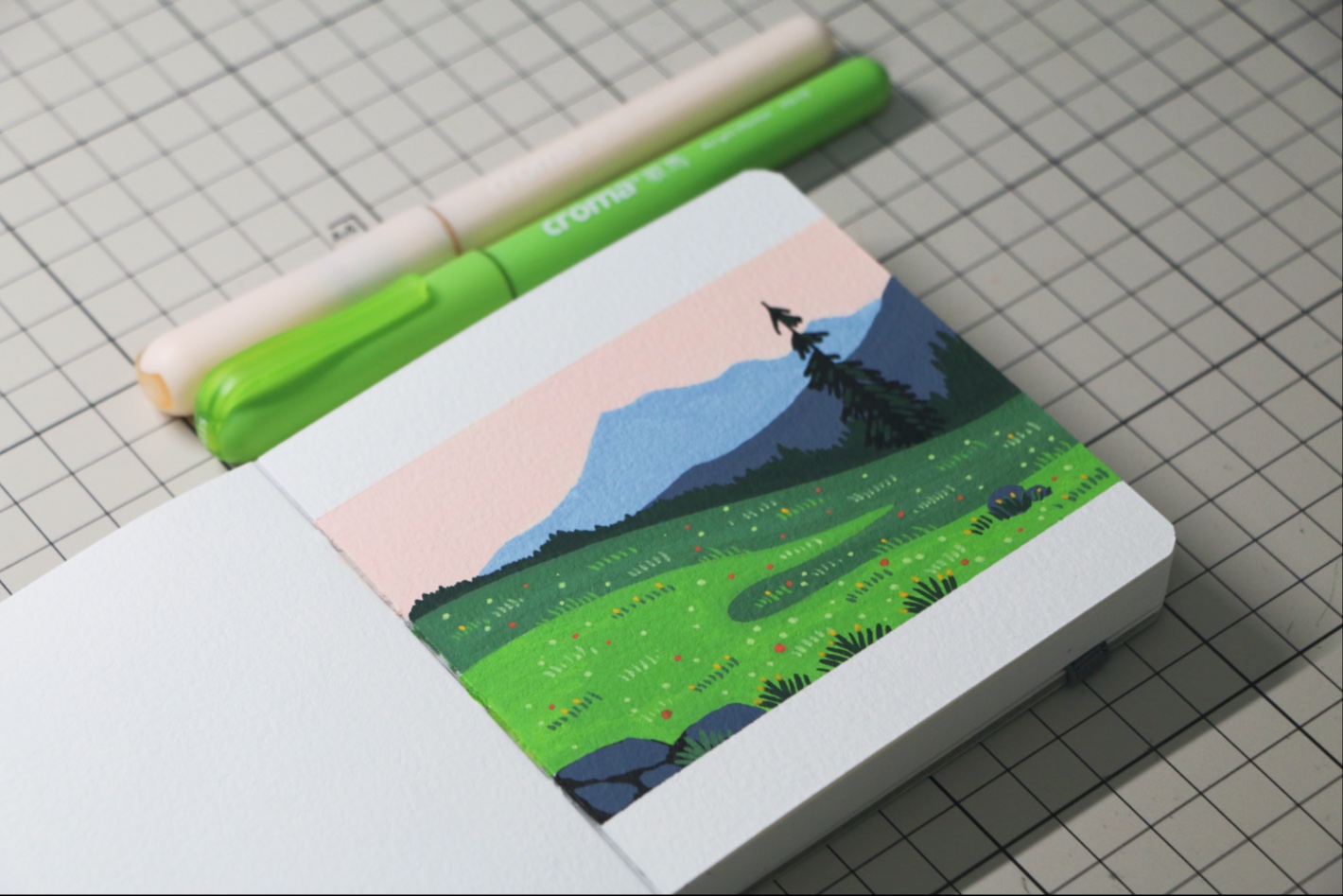 「适合新手」的简单治愈系风景小画|丙烯马克笔绘画过程