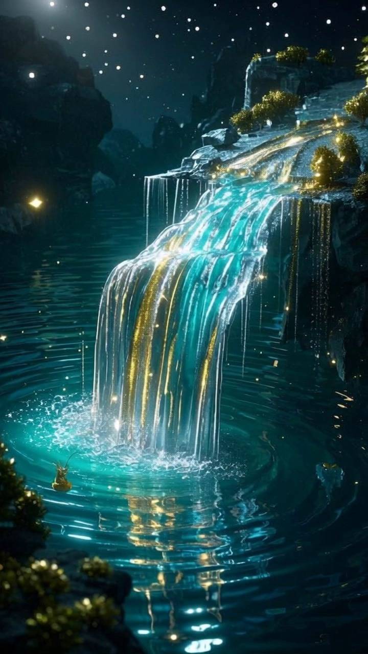 ...光芒的粒子,粒子悬浮在空中,无人机视角,镜头环绕瀑布顺时针缓慢移动