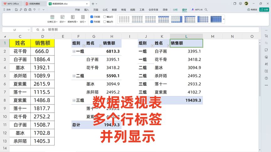 数据透视表如何让多个行标签并列显示?