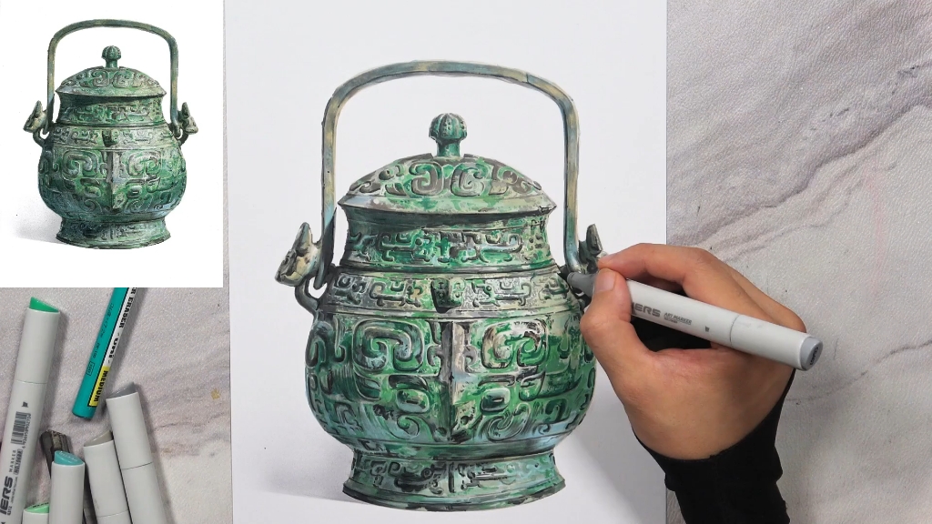 马克笔手绘超写实系统课程——青铜器细节刻画示范