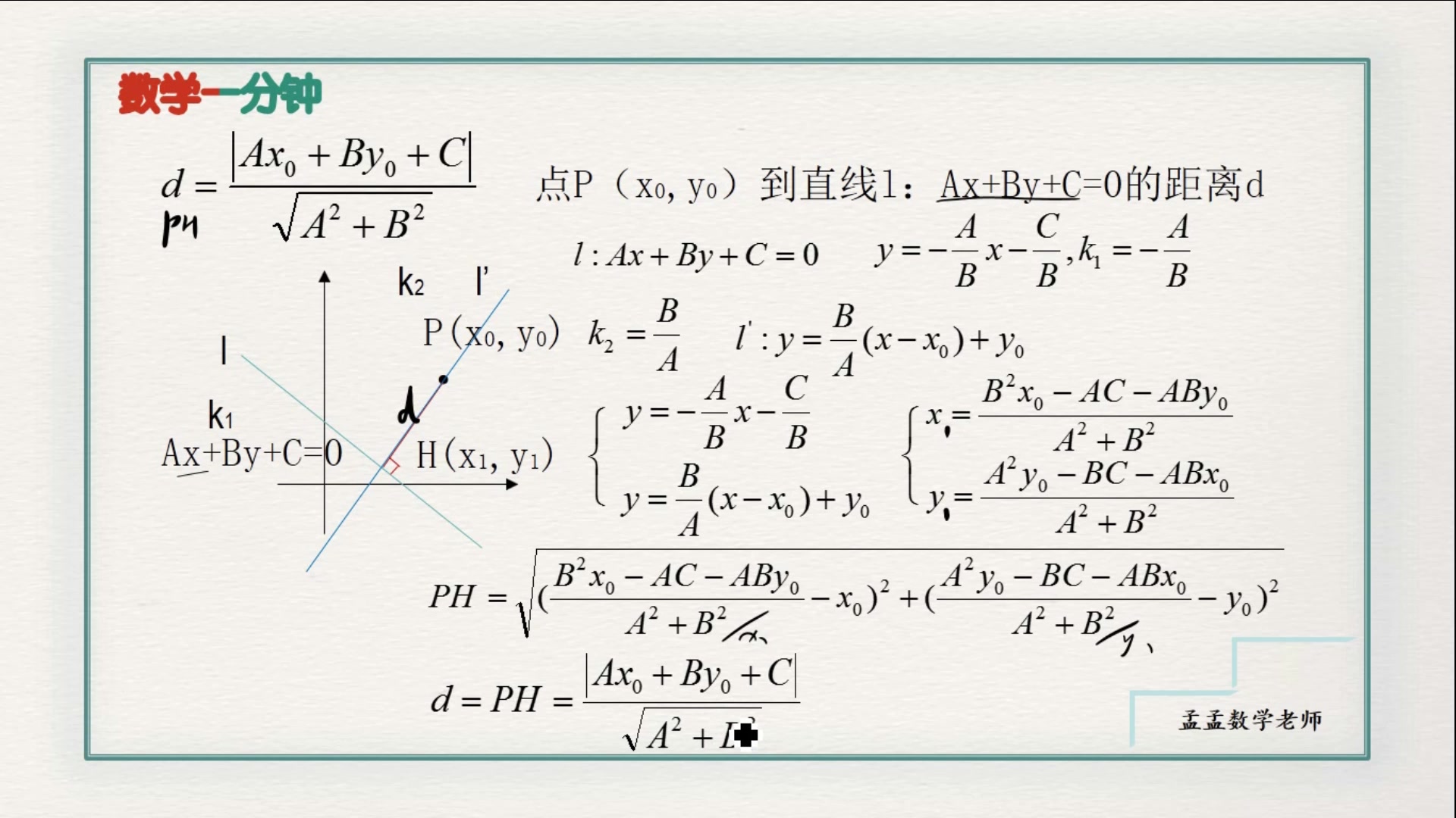 数学一分钟 点到直线距离公式推导证明