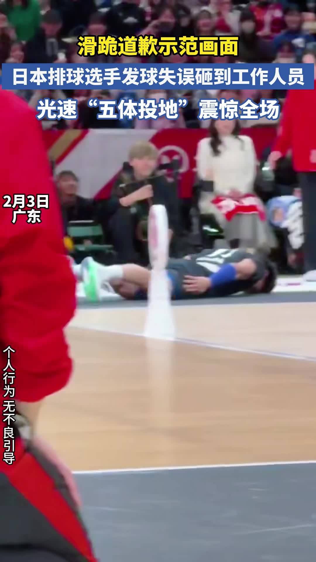 滑跪道歉示范画面 日本排球选手发球失误砸到工作人员