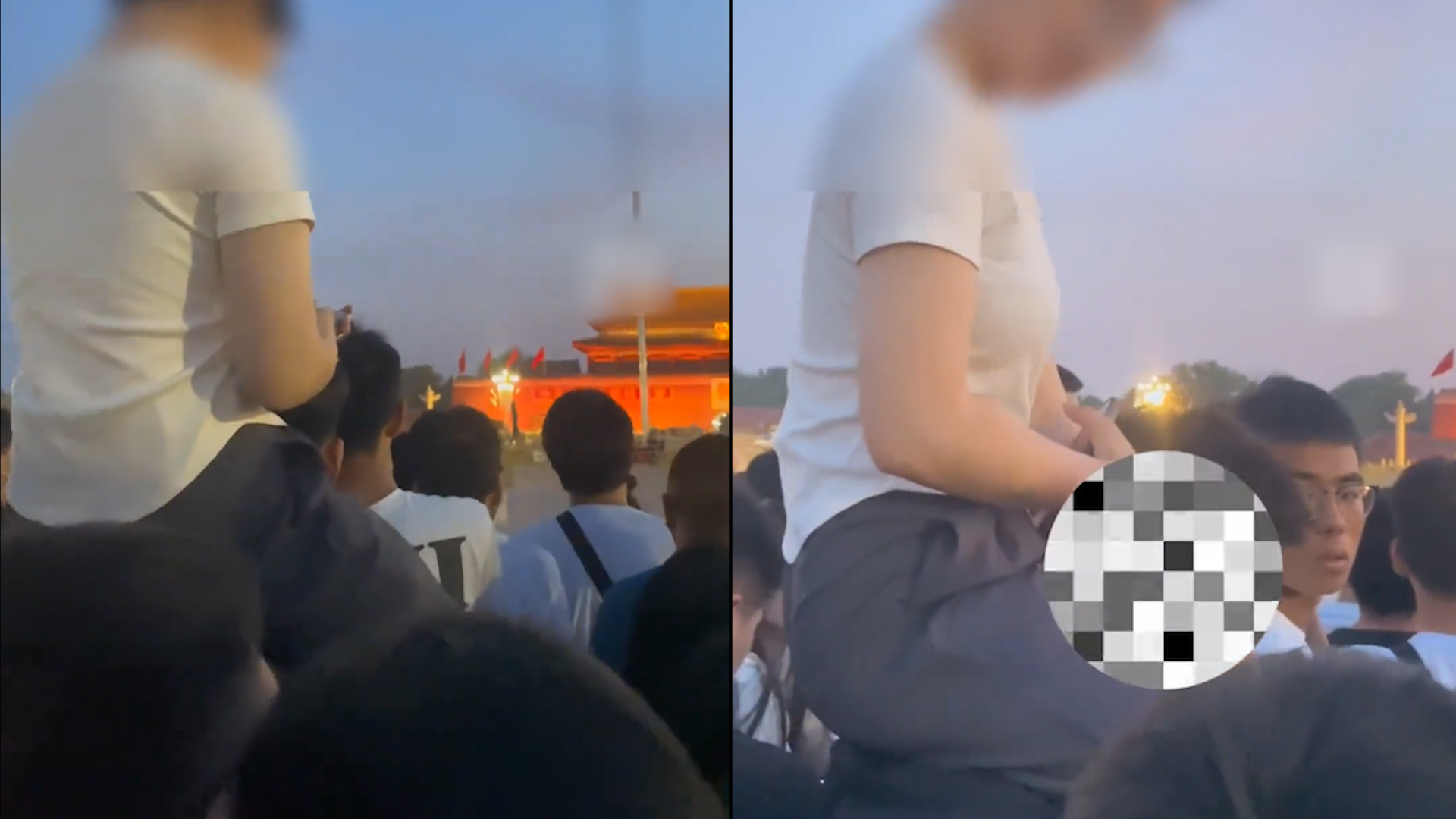女子坐男子脖子上看升旗仪式现场,引周围游客不满:真的太不礼貌