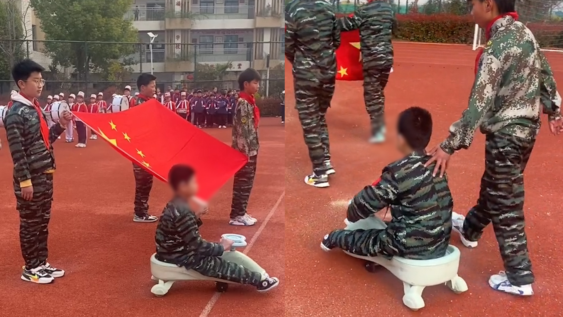 12岁残疾男孩荣当护旗手,骑扭扭车与3同学举起国旗,画面感人