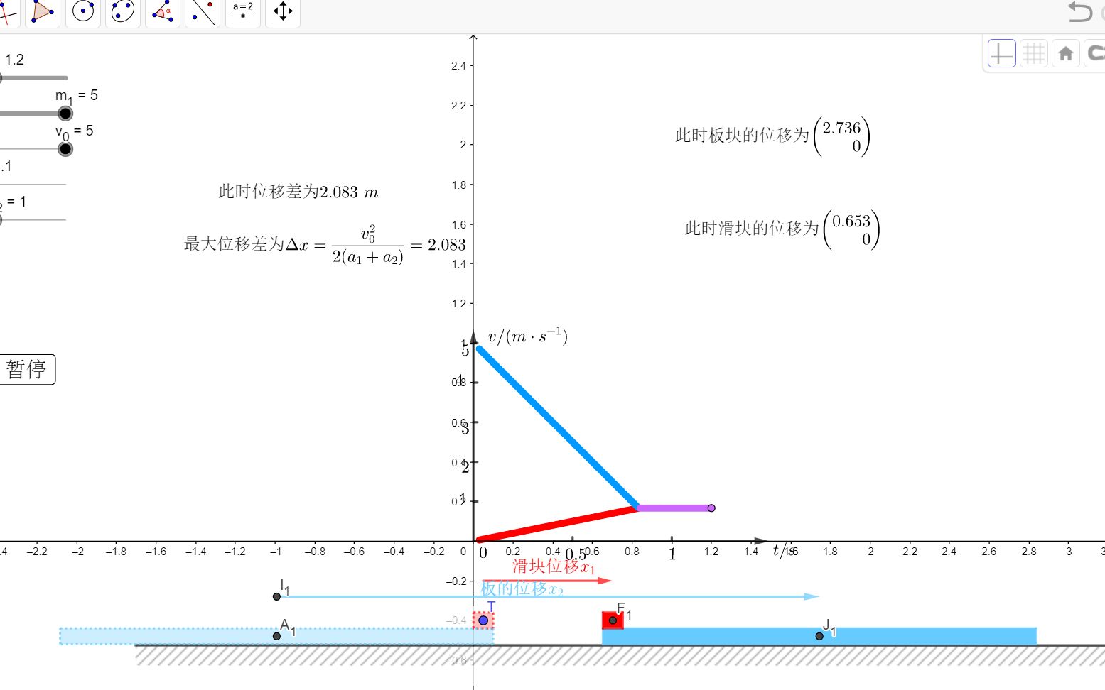 GeoGebra在物理中的应用之二维板块运动模拟(只有中间有动摩擦因数...