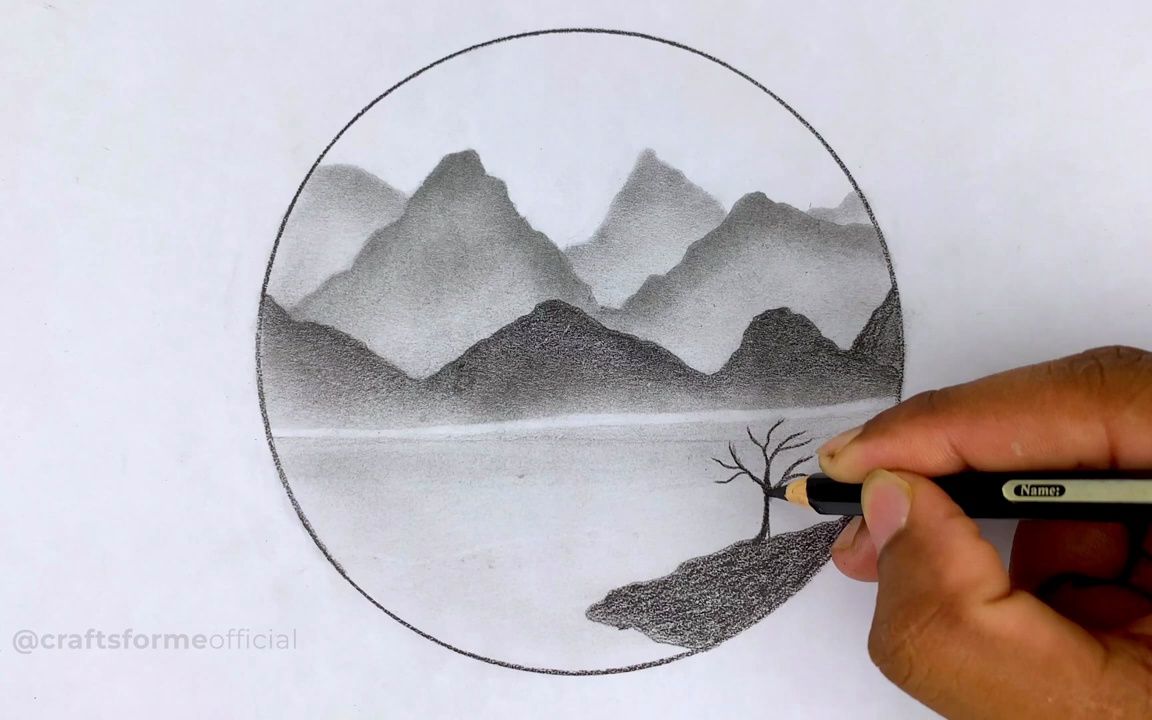 美丽的图画 - 简单的圆形风景画 - 铅笔素描风景 - 风景