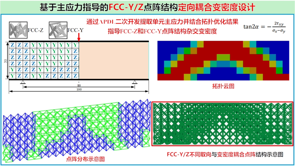 主应力指导Fcc-y/z点阵定向杂交耦合变密度设计