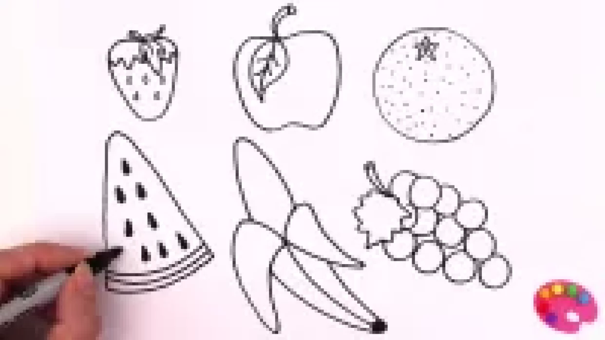 简笔画画,教宝宝简笔画常见水果,苹果、香蕉和葡萄,草莓和西瓜
