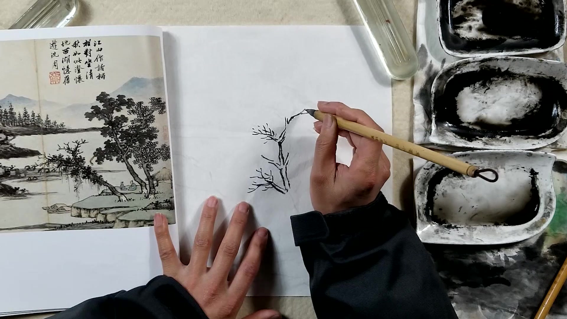 积墨法与披麻皴原来是这么回事,沈周卧游图册第13页临摹过程展示