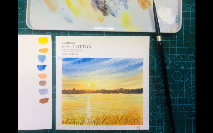 新手自学水彩画教程～海上日出