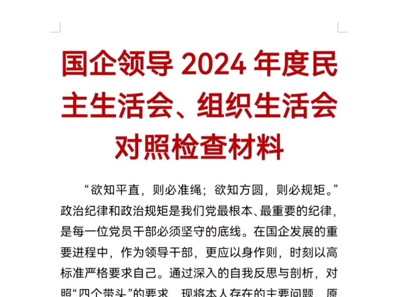 国企领导2024年民主生活会、组织生活会对照检查材料