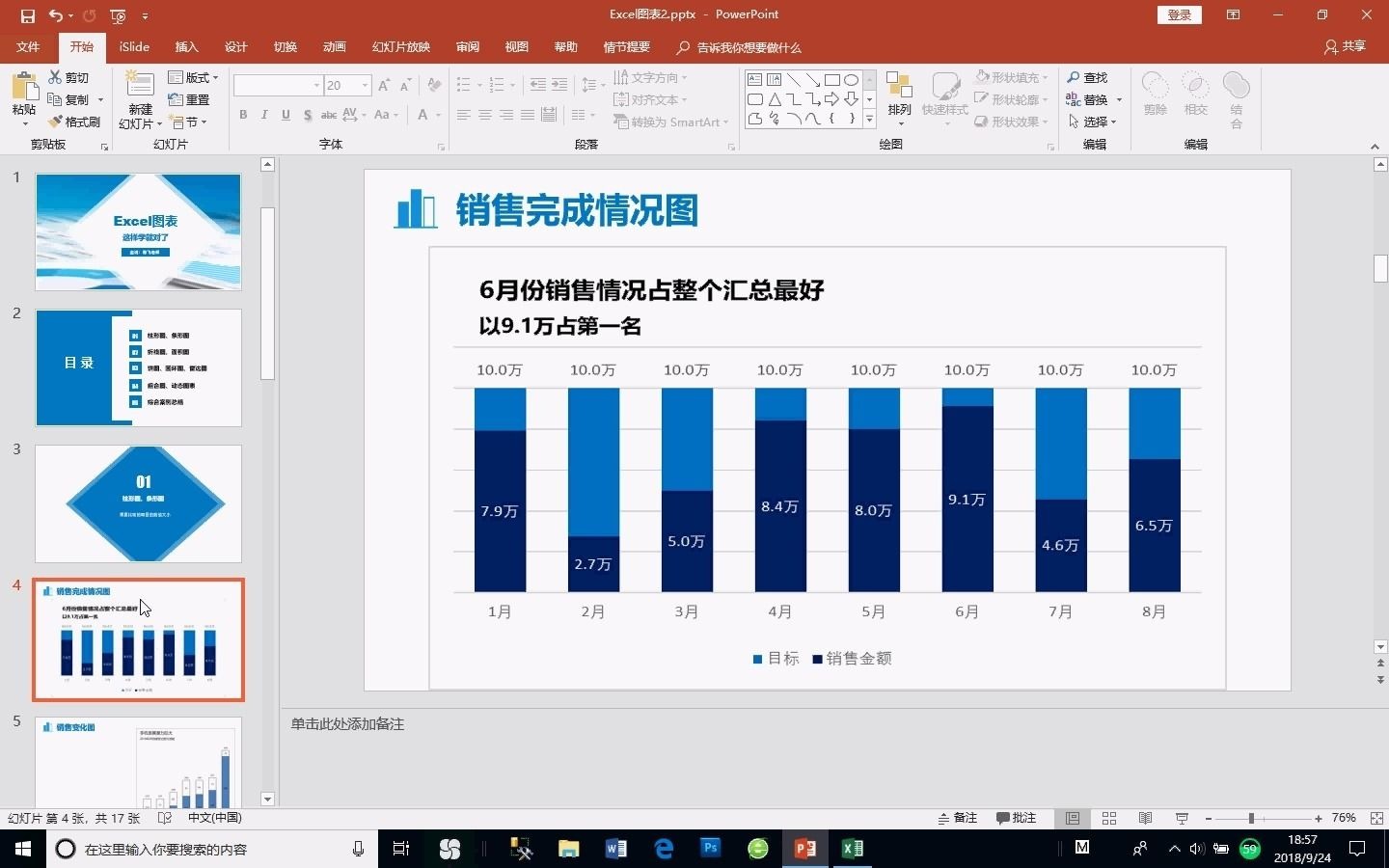 Excel图表01之销售完成情况柱形图