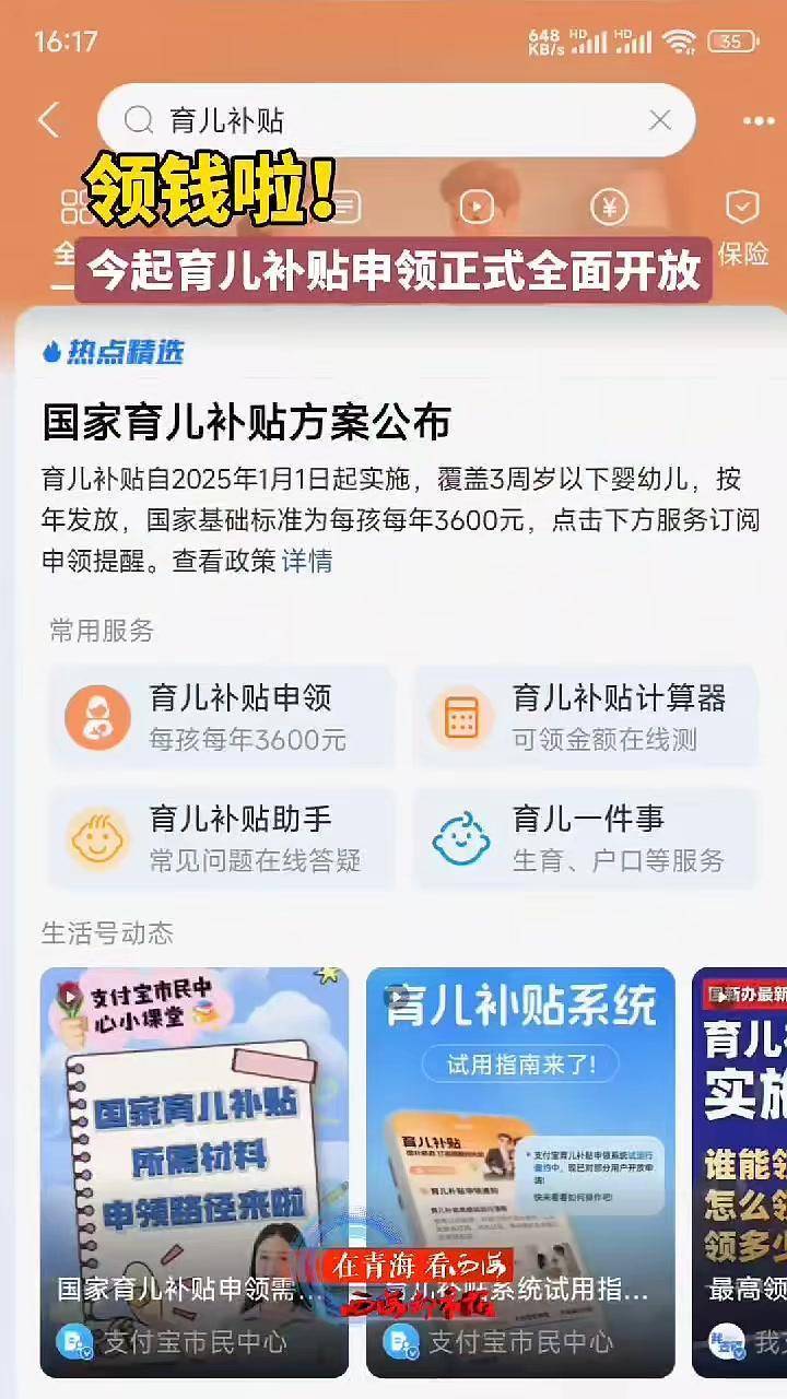 领钱啦!今起育儿补贴申领正式全面开放!可通过支付宝、微信申领,也可...