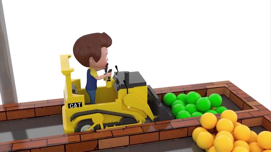 益智动画,小朋友开推土机把彩色小球推开学颜色