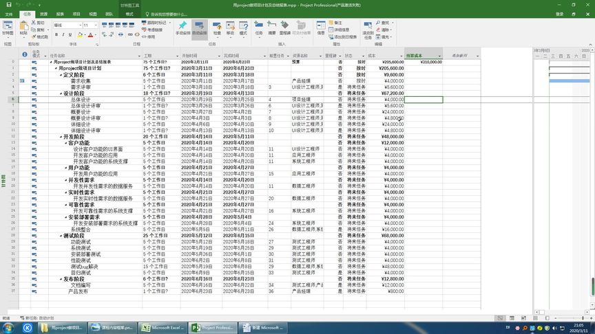 4 用project生成项目计划中的成本、预算成本