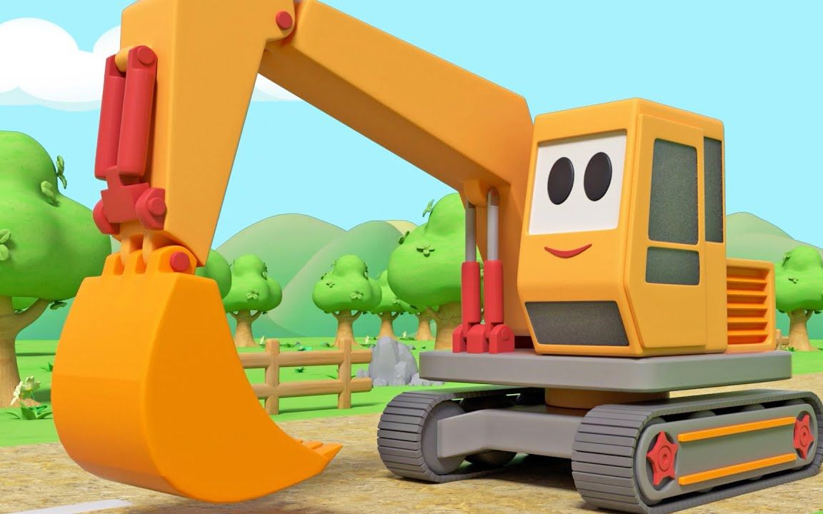 工程车动画:挖掘机停在马路中间 早教 益智 育儿 汽车动画