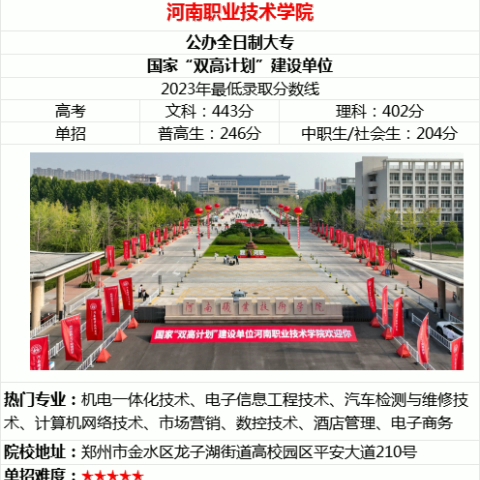 河南职业技术学院,公办全日制大专,国家双高计划建设单位 。
