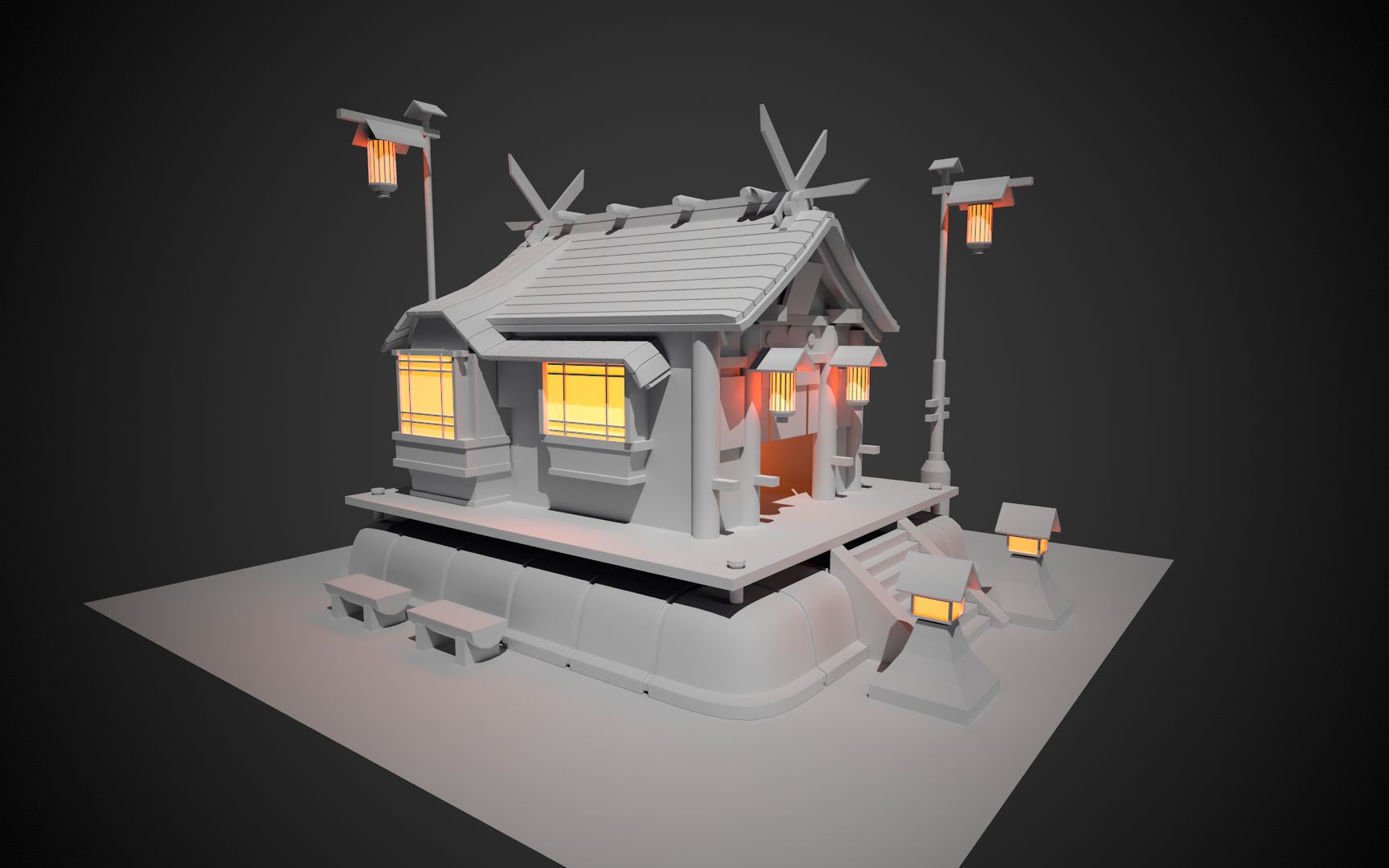 【场景案例】古代驿站建筑场景模型制作,新手也能学的场景建模案例!