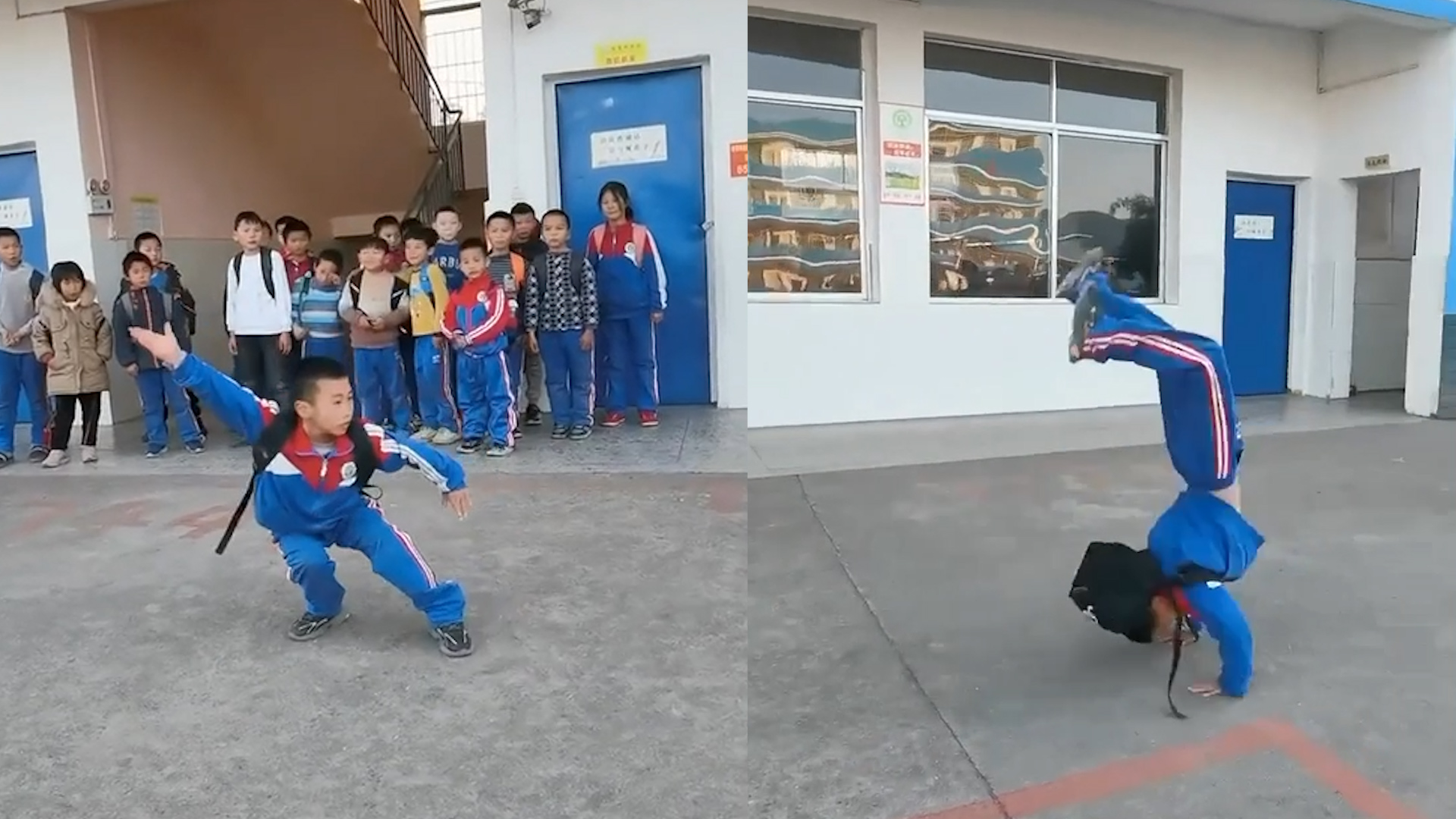 小学生放学下楼,一套组合拳后空翻同学惊呼,最后一个动作帅炸了