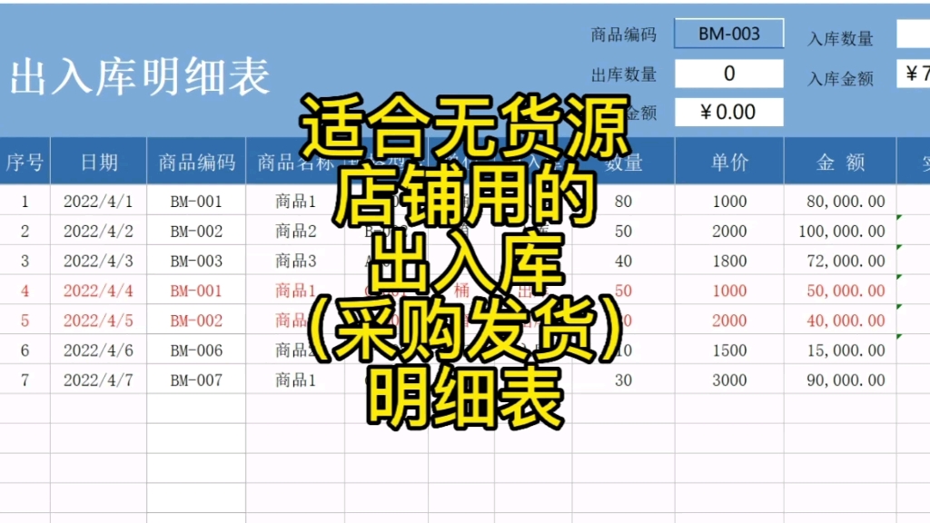 适合无货源店铺用的出入库(采购发货)明细表