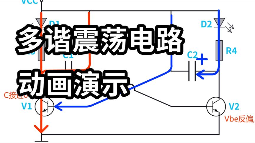 【电路】多谐振荡器双闪灯电路,动画与示波器演示
