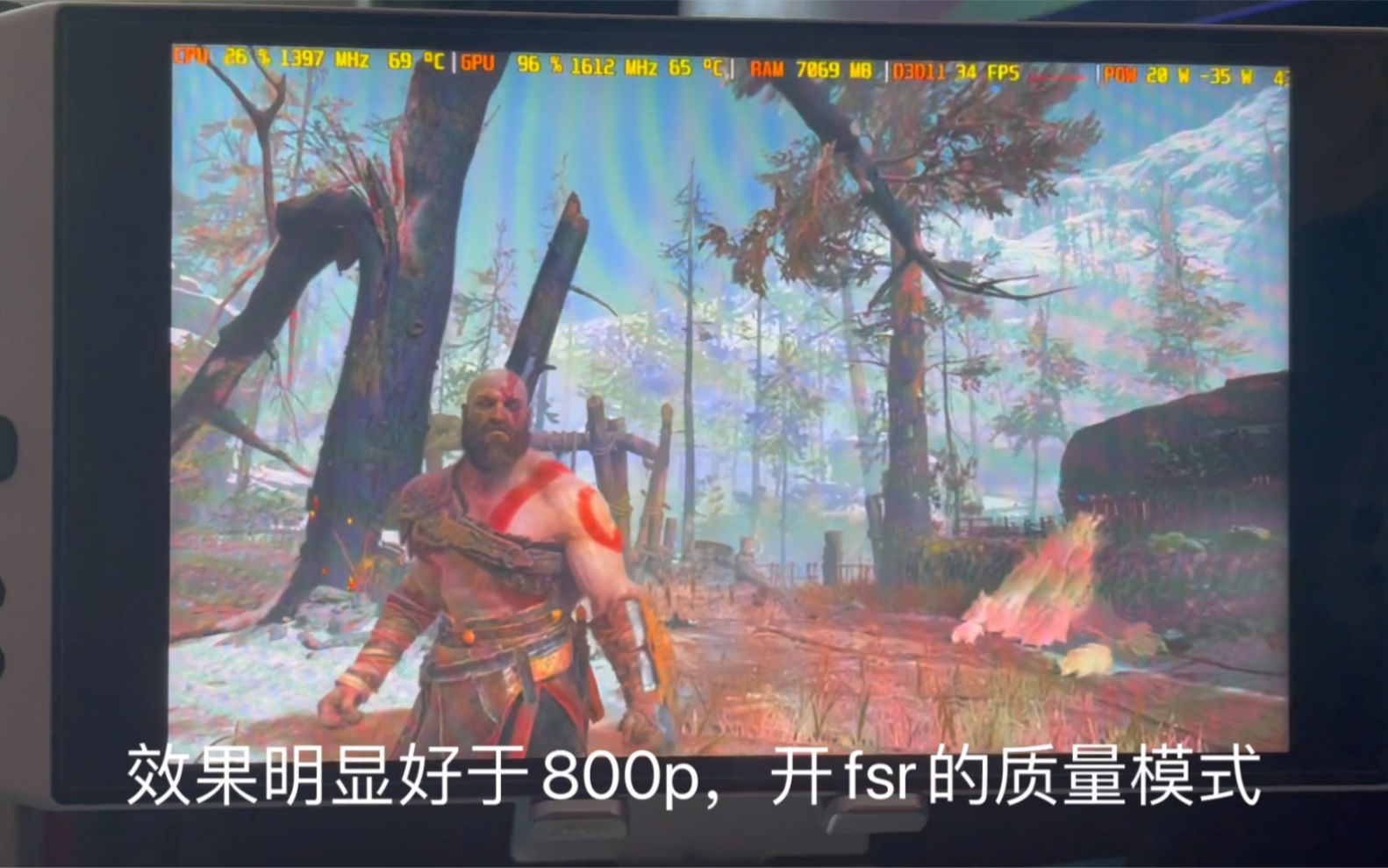 在aya掌机上提高战神4帧数的方法,以及开fsr和降低分辨率的效果对比