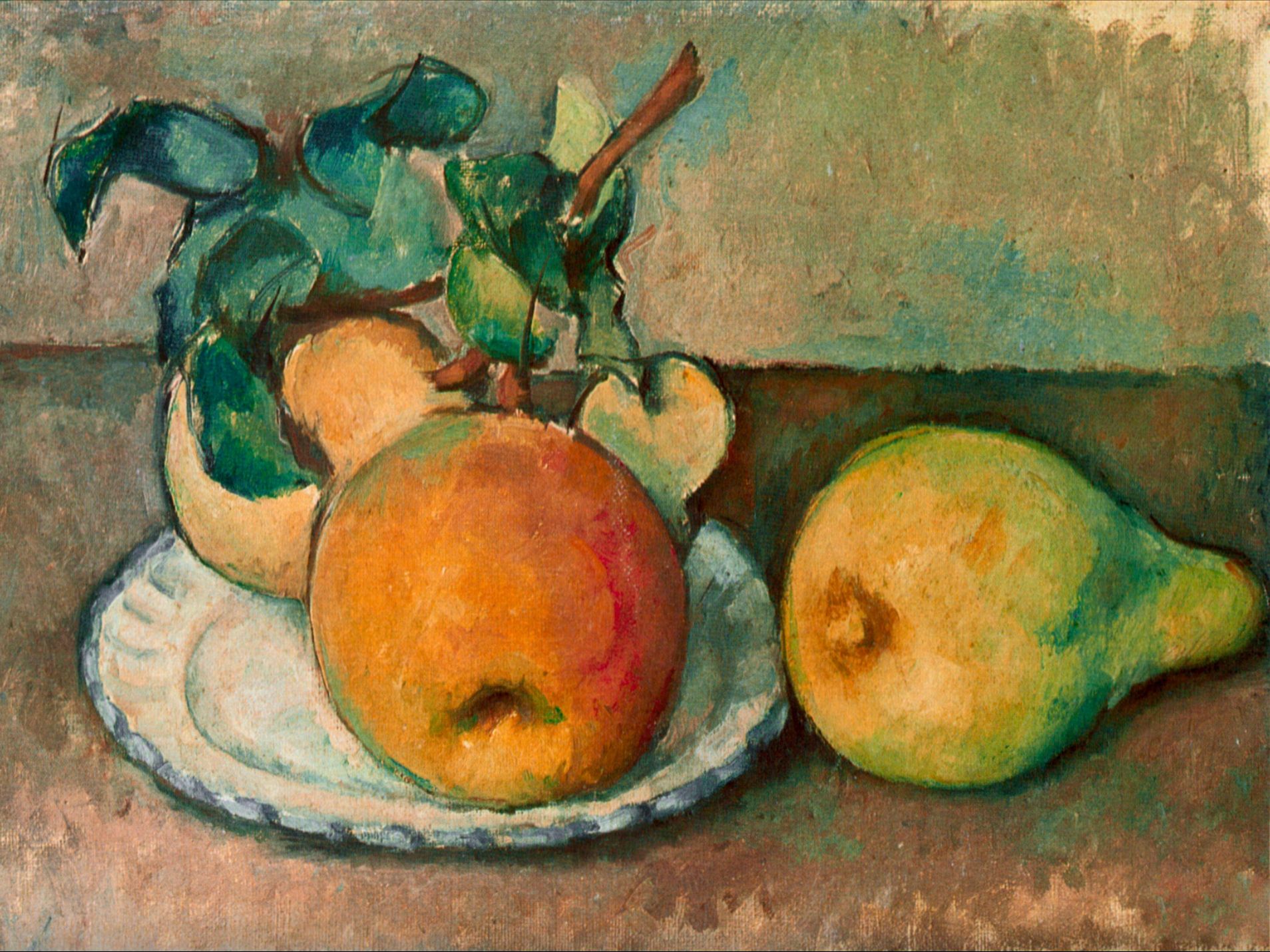 有苹果和梨的静物绘画过程,临摹塞尚印象派风格油画作品。