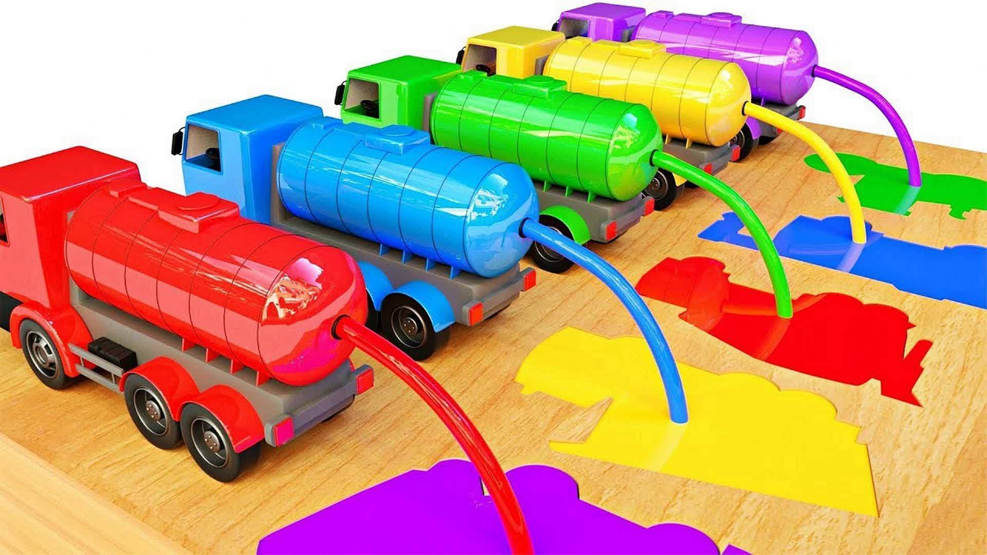 彩色的染料车帮工程车染颜色,认识颜色和车辆,英语早教益智动画