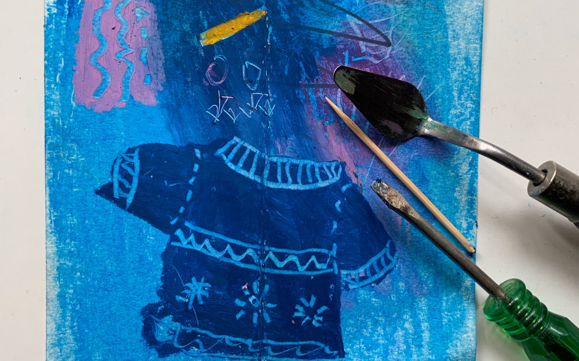 普通油画棒和重彩油画棒的区别测试+怎样消除底色上的白+巧用刮刀