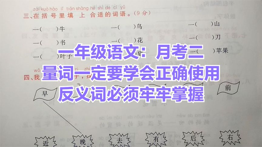 一年级语文:月考二,量词要学会正确使用,反义词必须牢牢掌握
