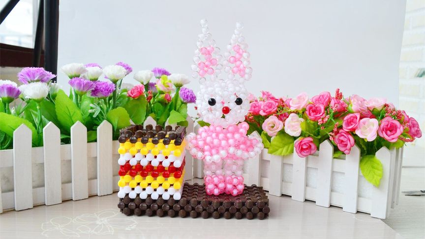 diy手工串珠编织学生兔子笔筒制作视频教程 创意家居儿童珠饰2