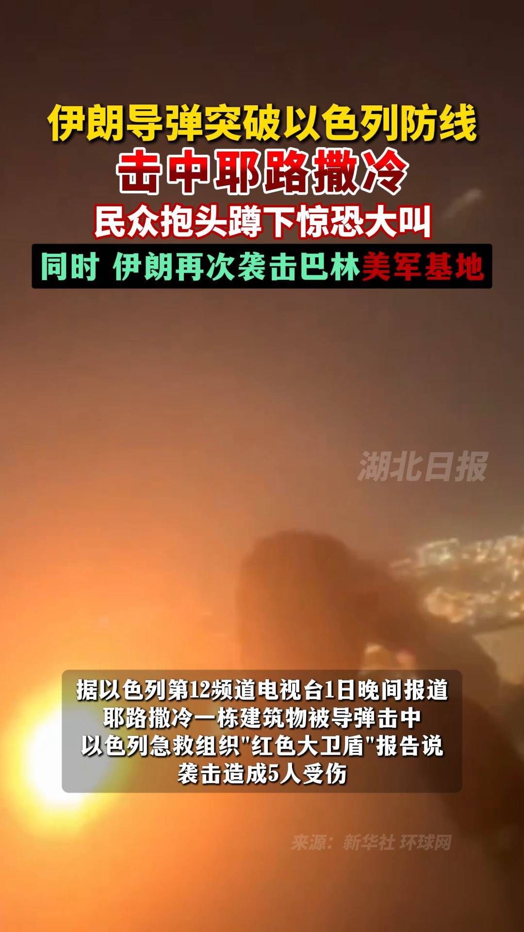 伊朗导弹突破以色列防线击中耶路撒冷,民众抱头蹲下惊恐大叫。