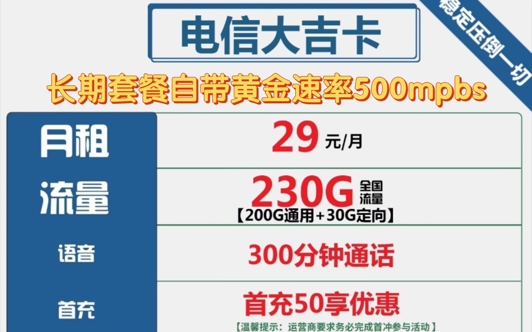 吉林星电信大吉卡29元包200G通用+30G定向+300分钟通话(长期套餐)...