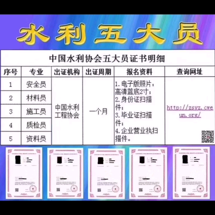 【中国水利工程协会六大员】专业:安全员、材料员、施工员、质检员...