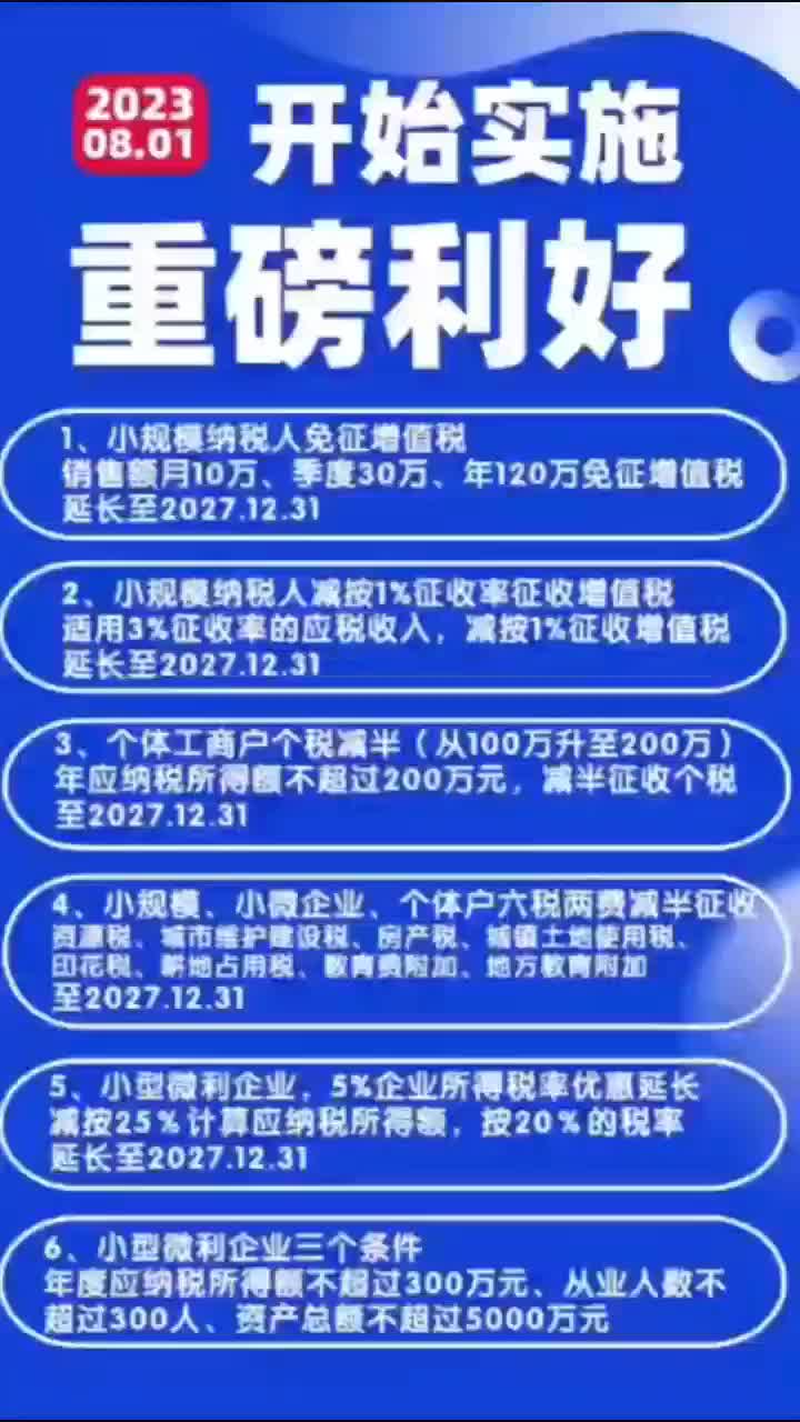 重磅利好:个体户,小规模纳税人,小型微利企业,税收优惠,2023年8月实施