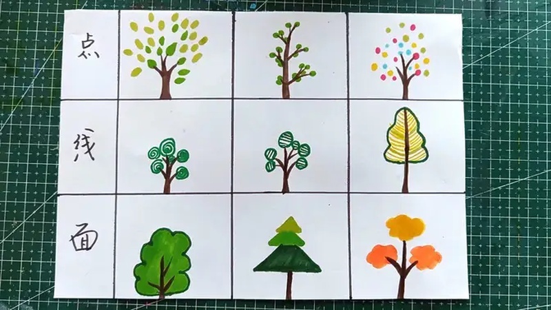 儿童简笔画教程,教你用点线面画不同的树,大树的各种画法