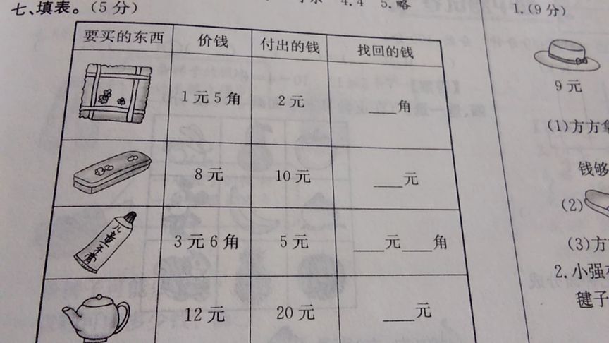 一年级数学下册期末总复习:元、角、分的实际应用练习题。